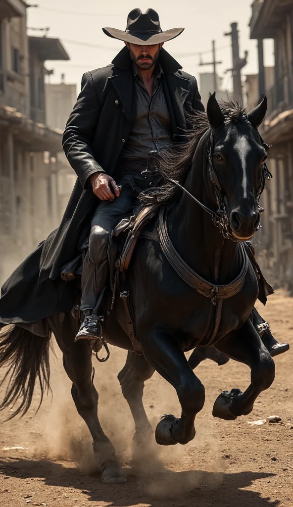 A rugged Wild West gunslinger in a dramatic medium shot, riding a ...