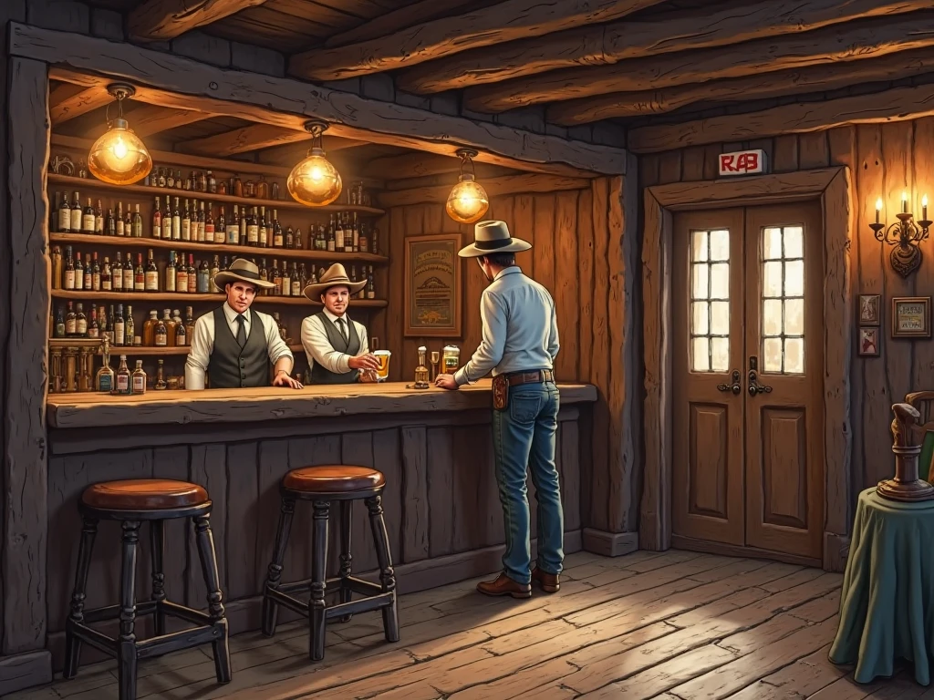 Old West bar interior scene, Front view of the bar, with the bar tender ...