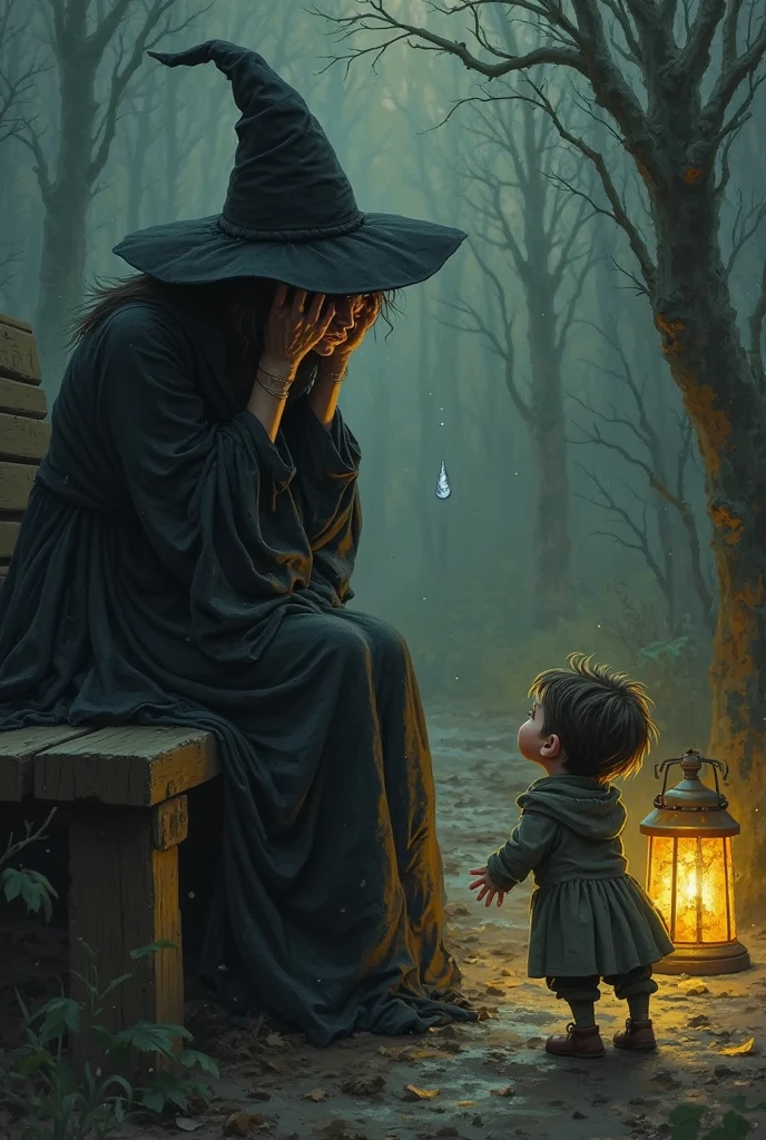 "Close-up of the witch weeping on a wooden bench, her wrinkled hands ...