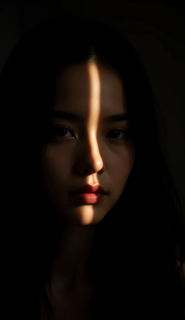 Portrait of a young woman, shot in shadows, with a vertical beam of ...