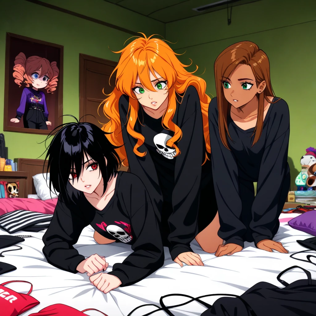 3girls, polyamory, (character one , orange hair, tan or medium skin ...