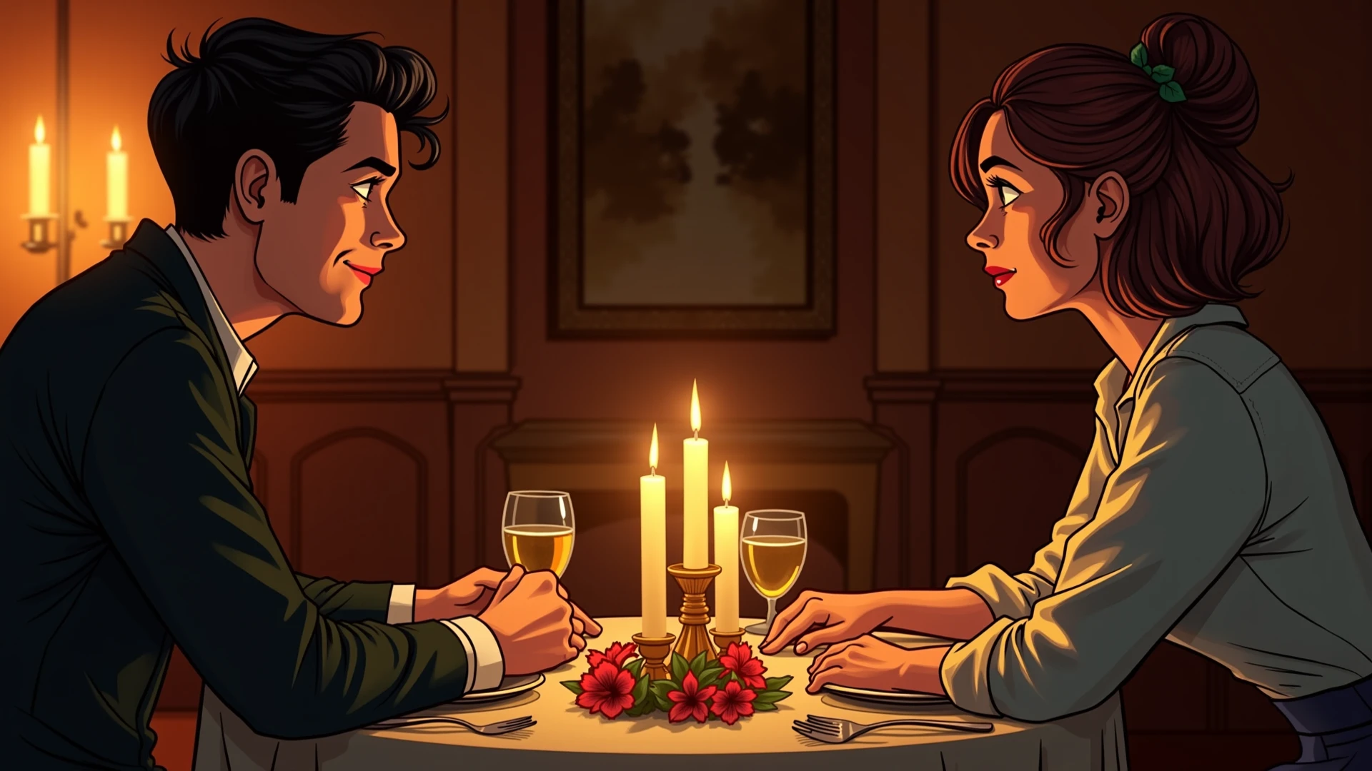 Wide-angle shot, Emma and Jake sitting at a candelit dinner table ...