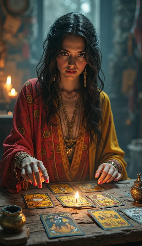 Woman fortune teller sitting at table with cards, pointing at observer ...
