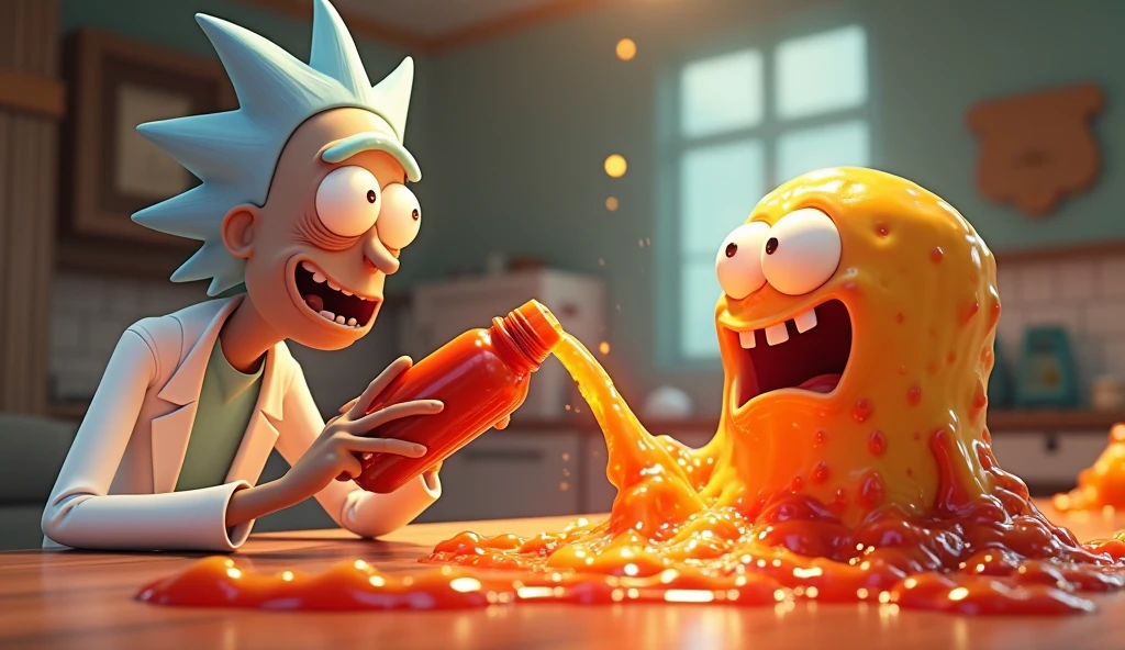 Rick squirting cartoon ketchup-like sauce onto foam-Bob, slow motion ...