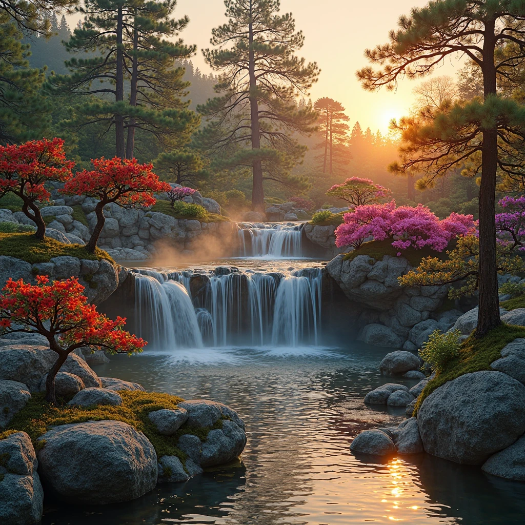 A serene Japanese garden at sunset, featuring cascading waterfalls over ...