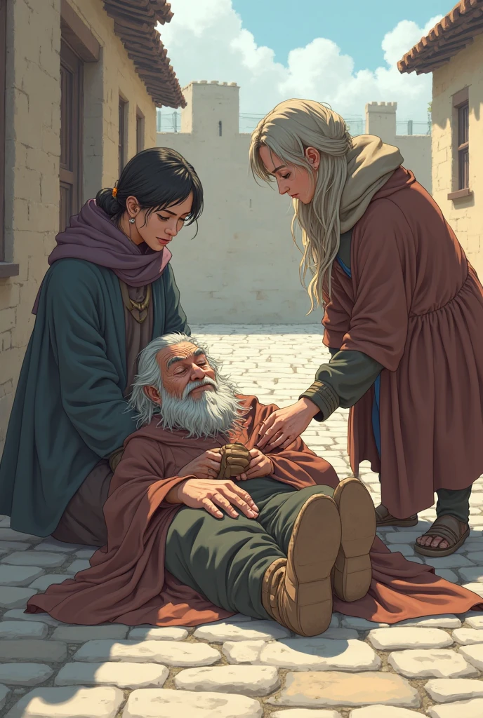 Medieval homeless man lying on the floor with people going to help him ...