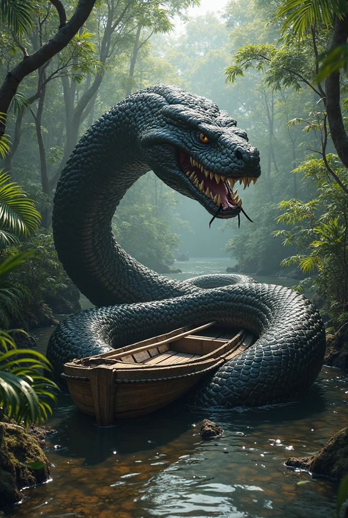Giant black snake wrapped in a boat in the Amazon - SeaArt AI