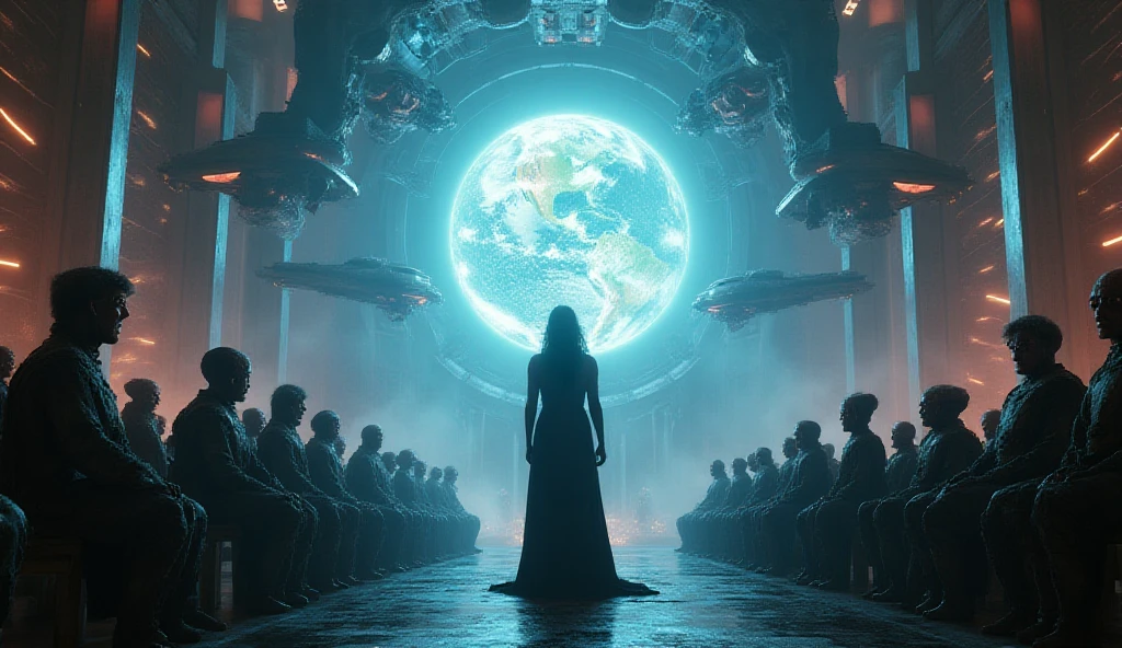 “A dramatic science fiction scene showing a powerful human ambassador ...