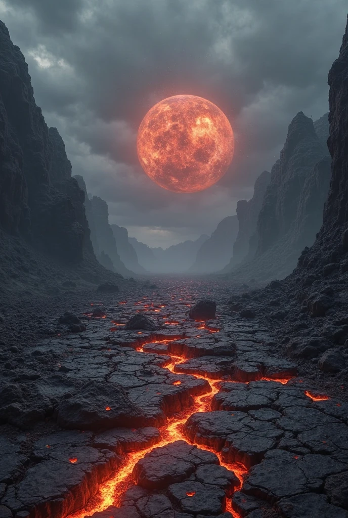 "A dark, apocalyptic terrain with jagged black mountains and a barren ...
