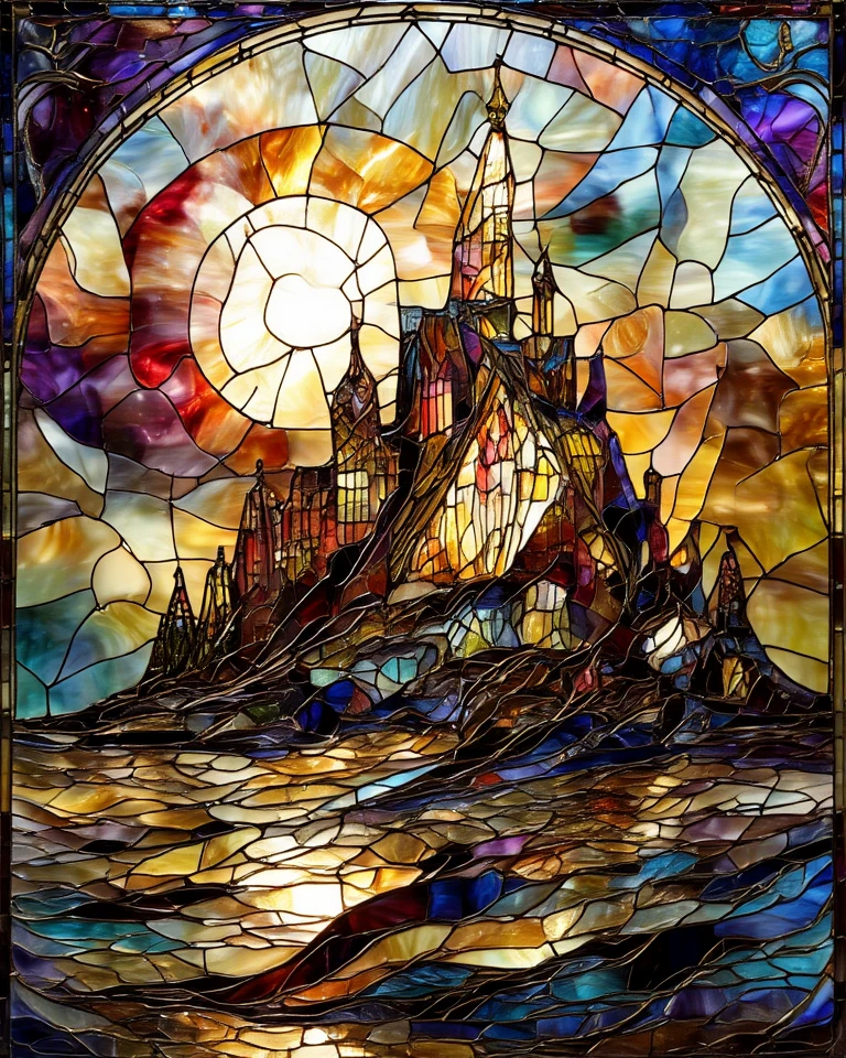 Stained glass artwork. Mont Saint-Michel on a tidal island. Gothic ...