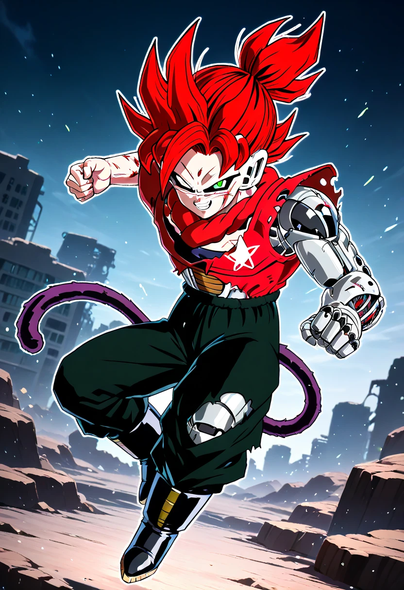Solo, 1male, Saiyan mage, cyborg body, torn cybernetic arm, long red spiky hair - SeaArt AI