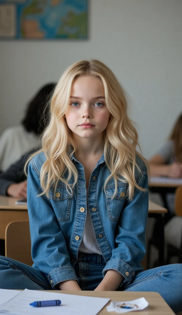 Beautiful blonde hair girl like Elle fanning big blue eyes sitting in a ...
