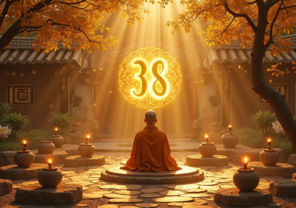 A mystical Buddhist meditation garden at golden hour, glowing softly in ...