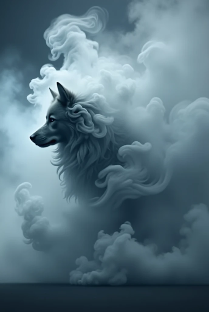 Thin smoke covers the entire image. A dog emerges from the smoke ...