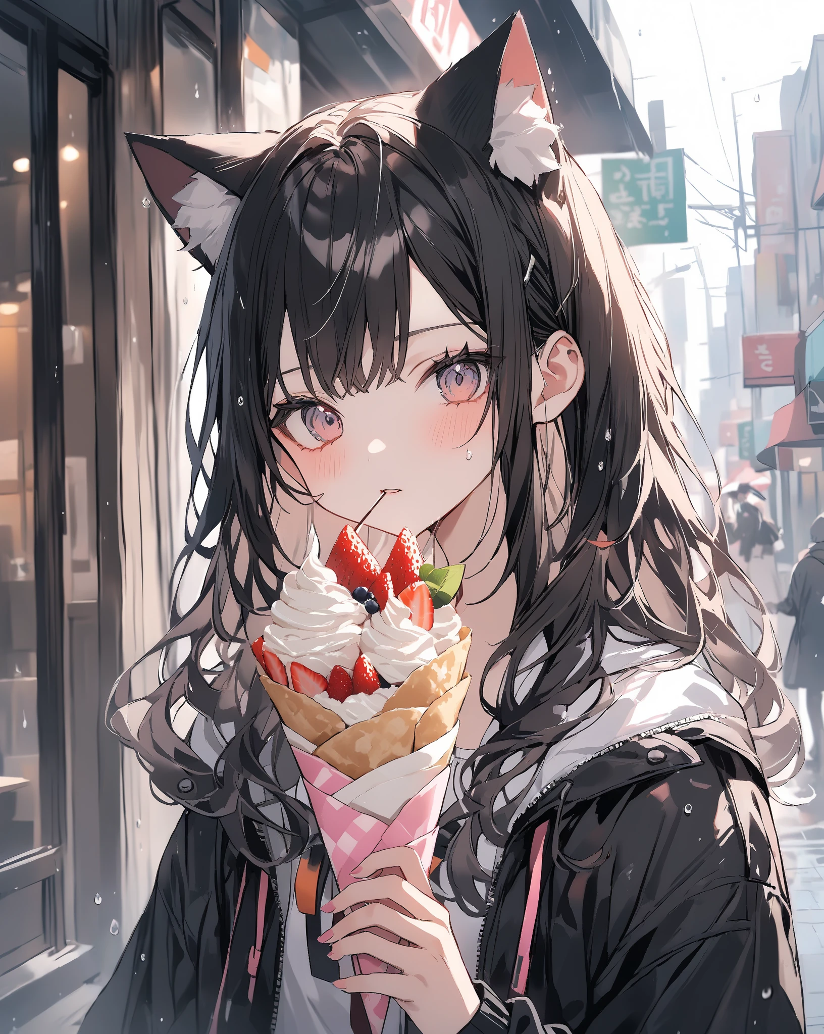 Rainy Day Girl with Cat Ears Crepe - SeaArt AI