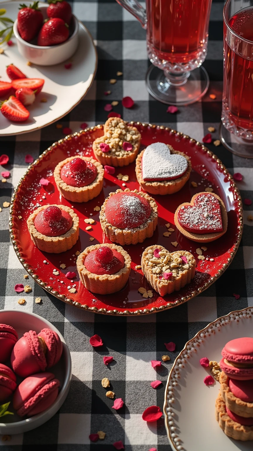 A richly decorated dessert spread arranged on a black-and-white ...
