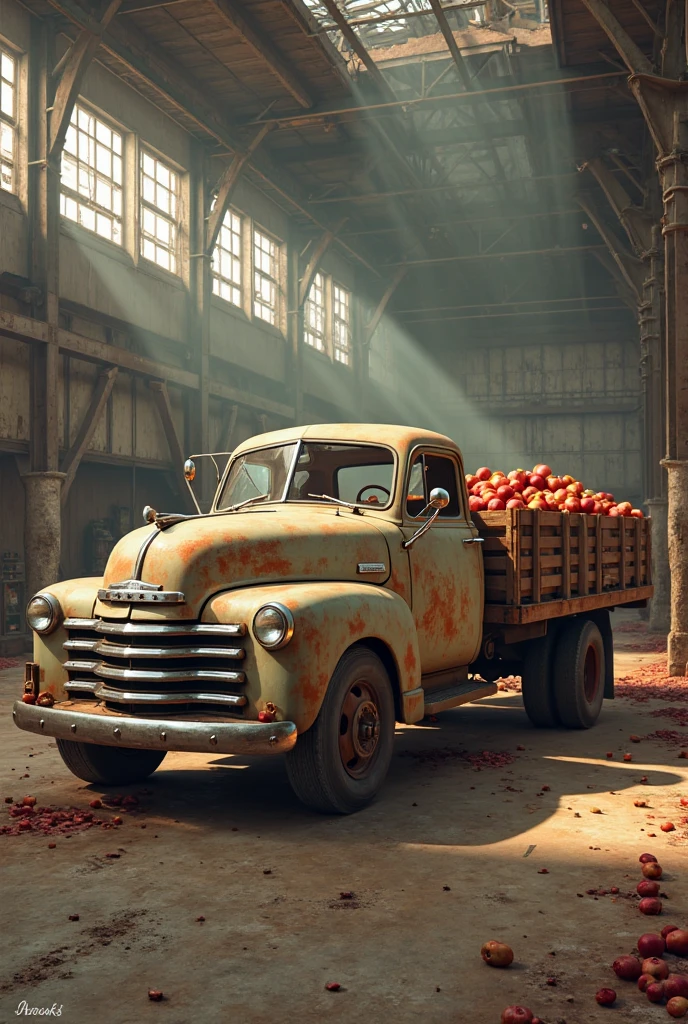 Create me an image of an apple truck inside a 69th warehouse - SeaArt AI