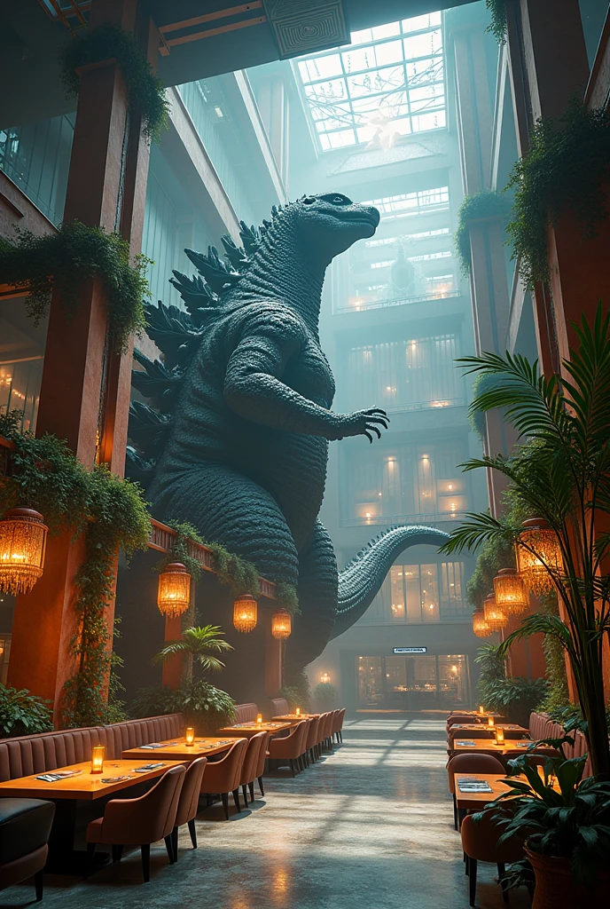 Generate an architectural interior space with Godzilla-themed furniture ...