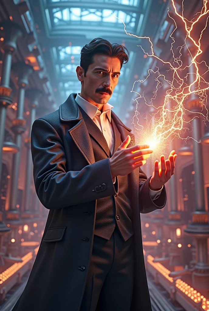 Image of Nikola Tesla mastering electricity with vivid colors with ...