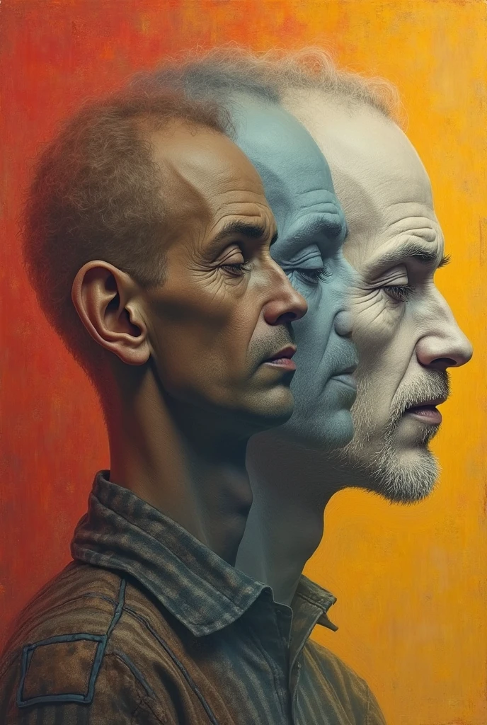 "Surreal artistic portrait of the same man appearing three times side ...