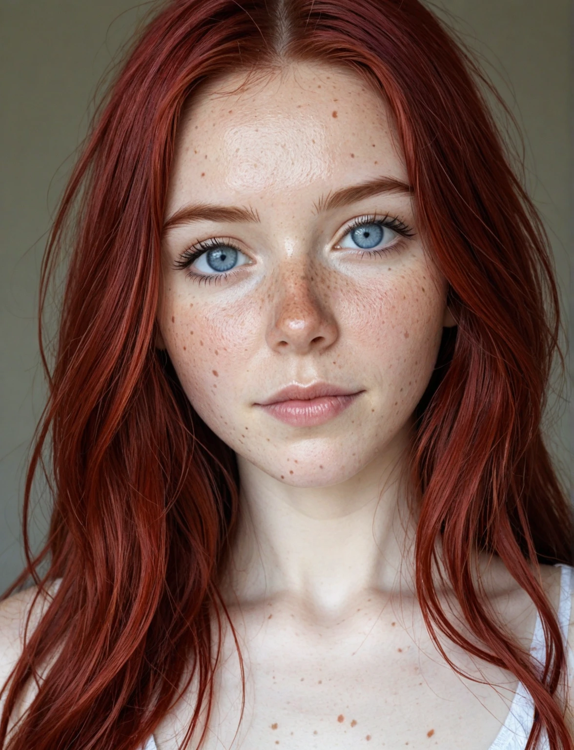 25-year-old redhead , with long hair and blue eyes. Slight freckle ...