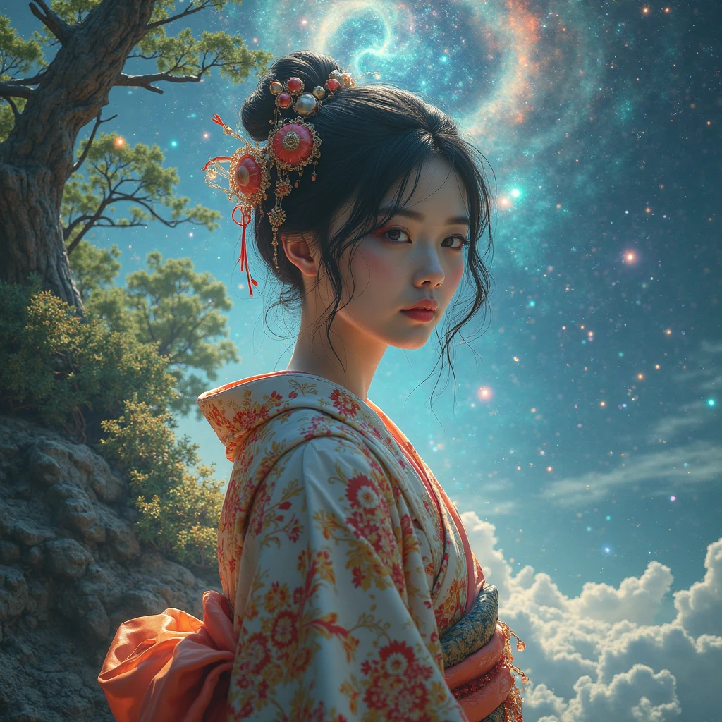 A beautiful woman wearing a kimono、Illumination、 future、universe ...
