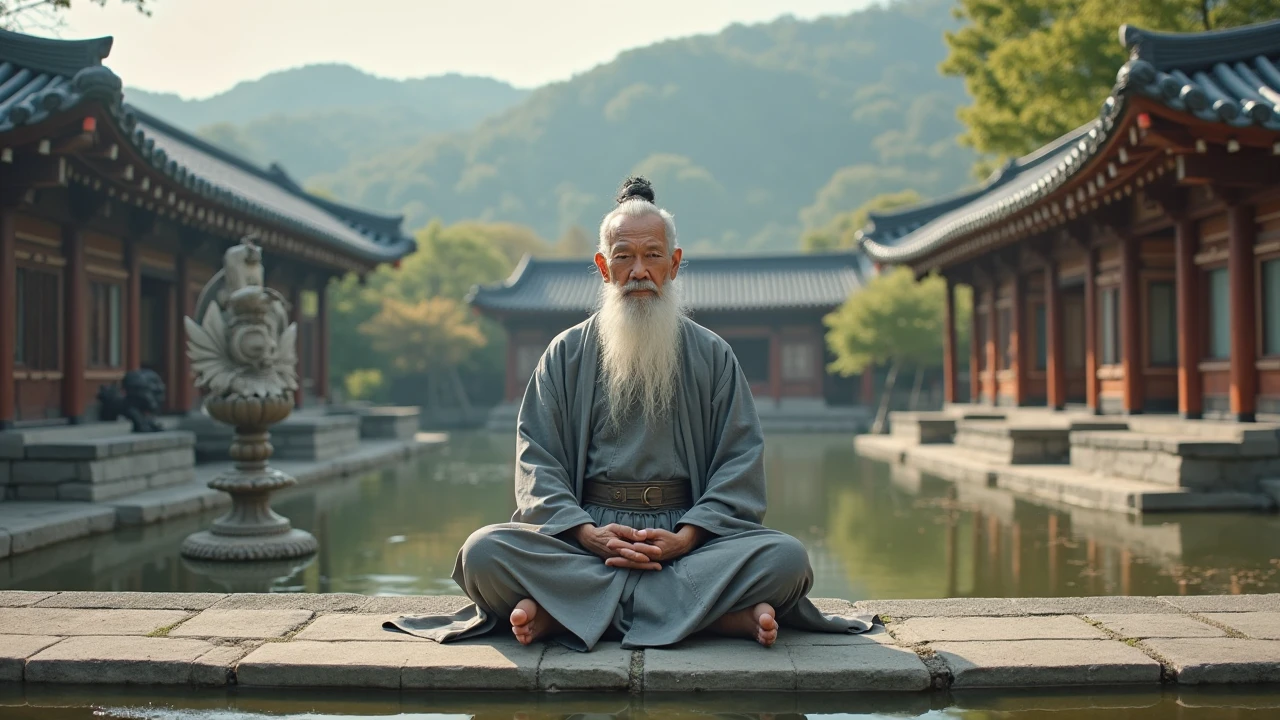 Actual photo An elderly Korean man meditating in a traditional Korean ...