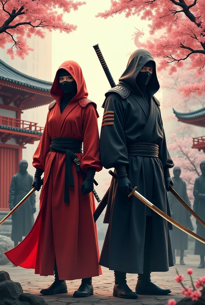 Two ninjas, a woman dressed in a red warrior ninja outfit and a man in ...