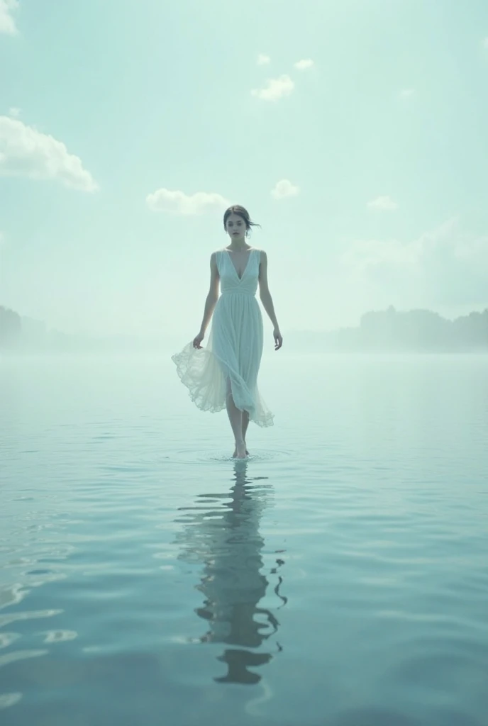 Reflection of a woman walking on water and sky - SeaArt AI