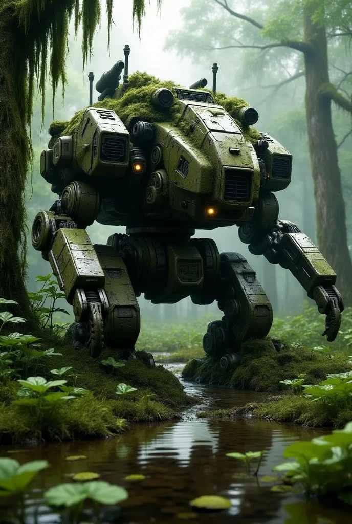 The image shows a large, weathered robotic mech standing in a lush ...
