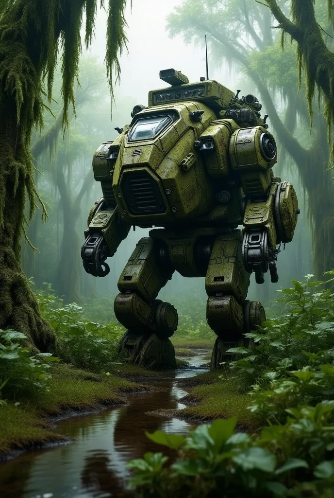 The image shows a large, weathered robotic mech standing in a lush ...