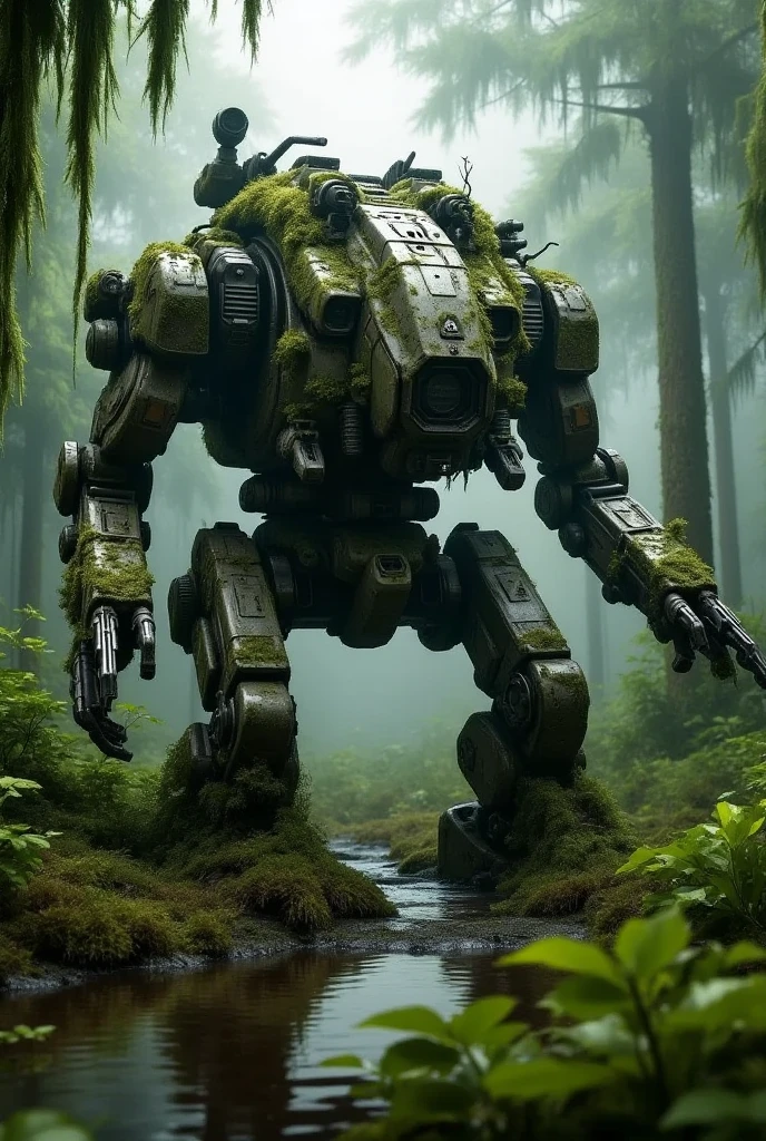 The image shows a large, weathered robotic mech standing in a lush ...