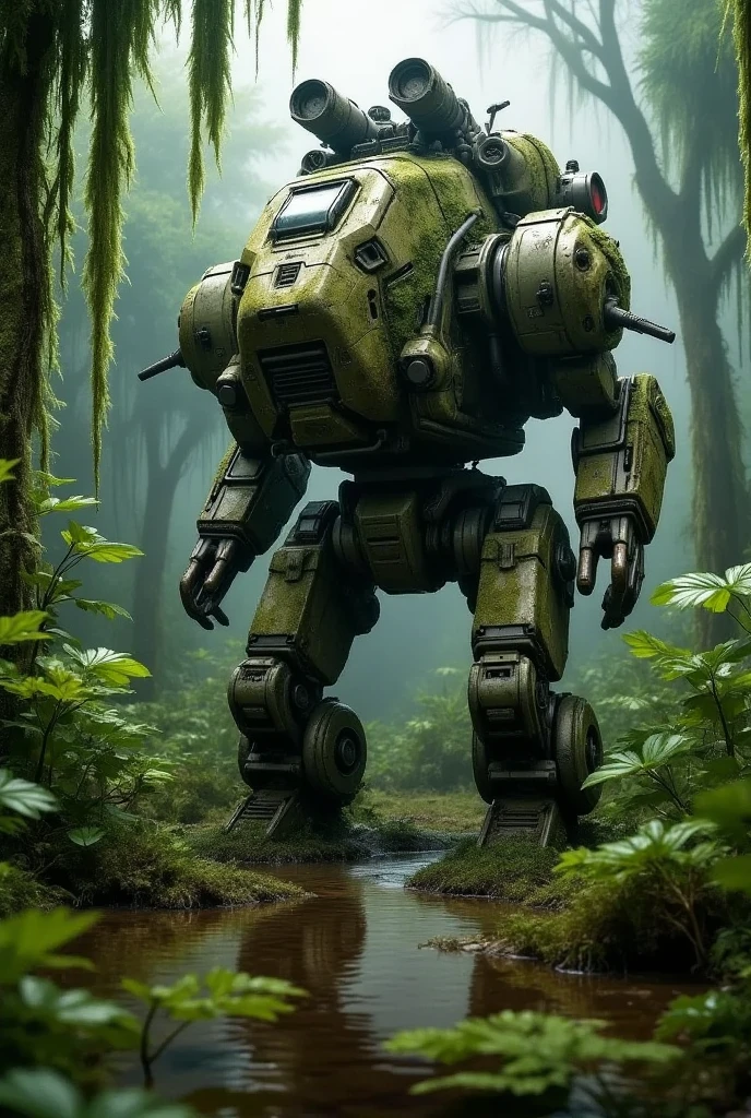 The image shows a large, weathered robotic mech standing in a lush ...