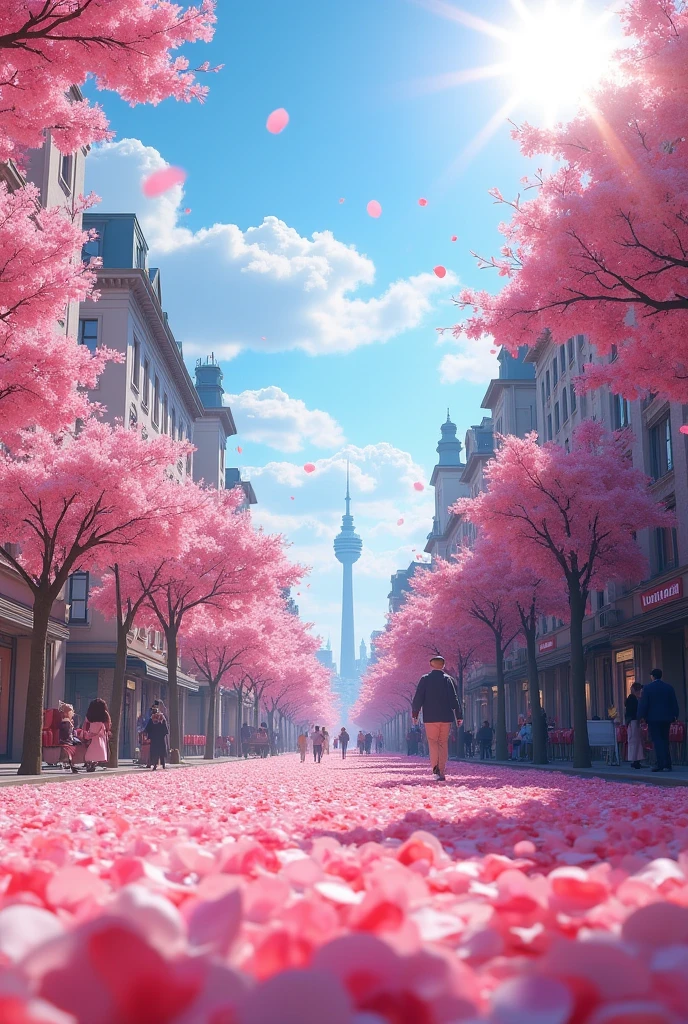 Realistic photo of a beautiful spring city, the streets are completely ...