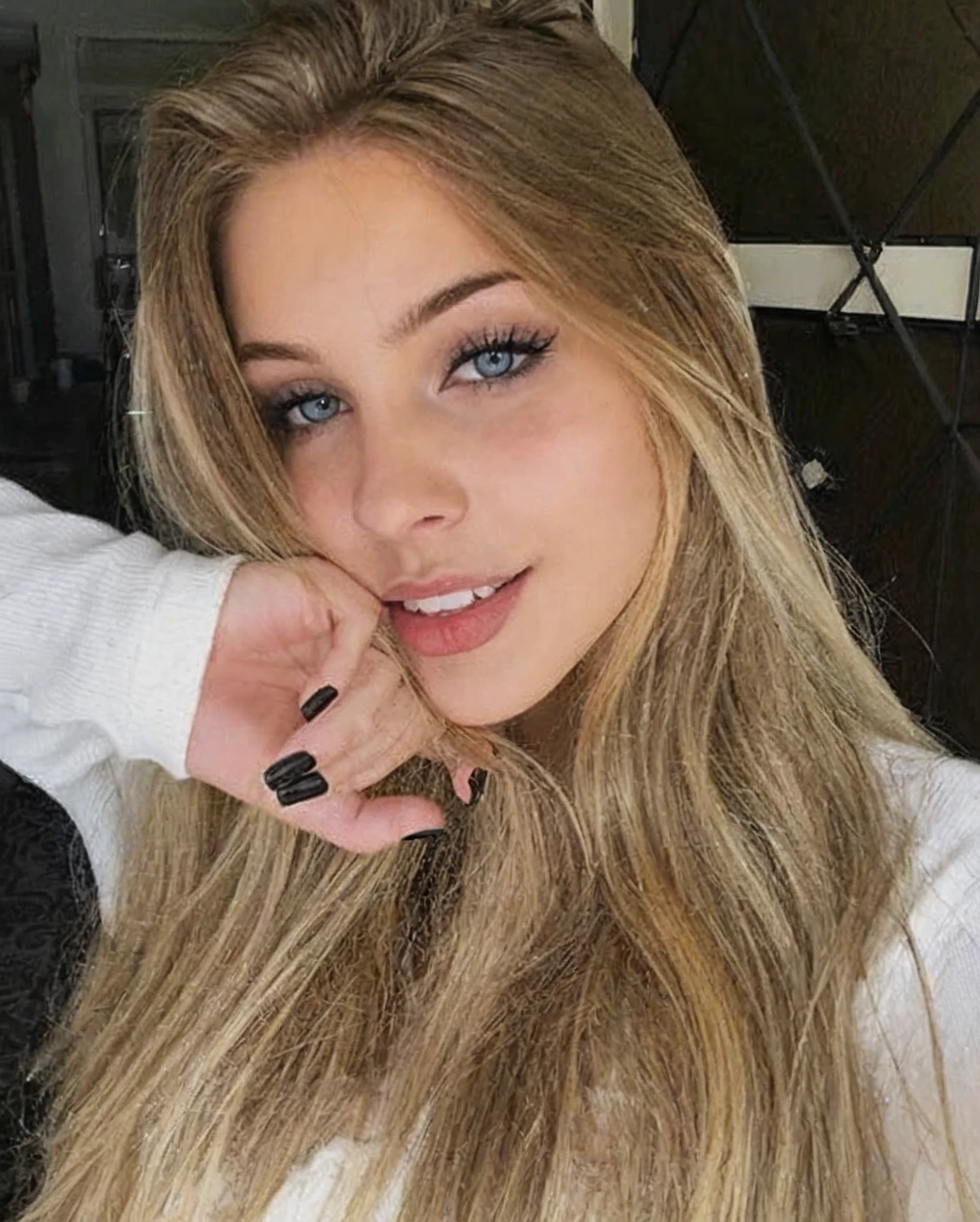 Image is a portrait-style photograph featuring a young woman with long ...