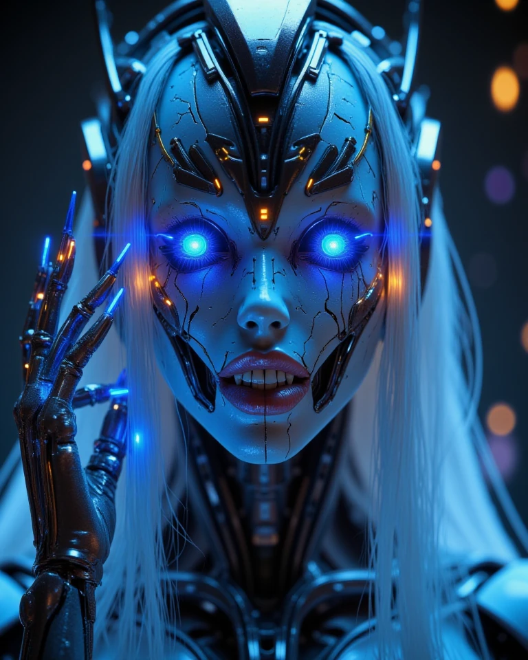 Close-up portrait of a sinister and seductive cyberpunk female cyborg ...