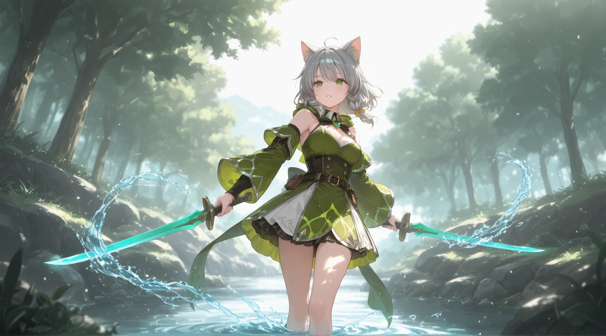 Green Mage、The girl with cat ears and gray hair is using、uses water ...