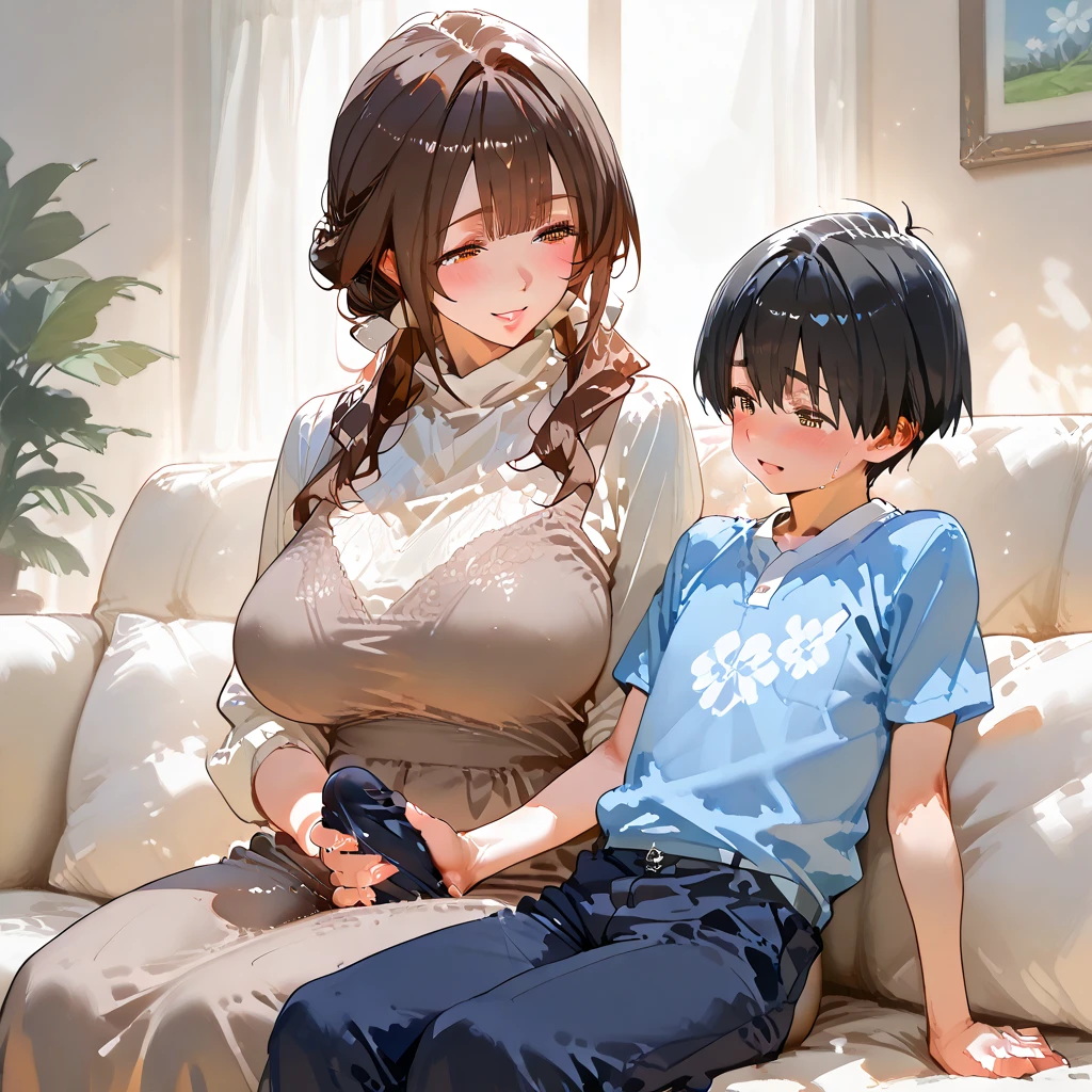 Shota sitting on mom's lap, sitting on a couch, mature woman - SeaArt AI