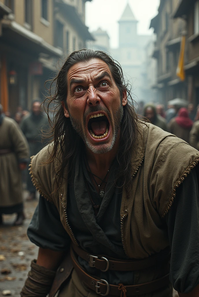 A tense face of a medieval passer-by smelling an unbearable smell in ...