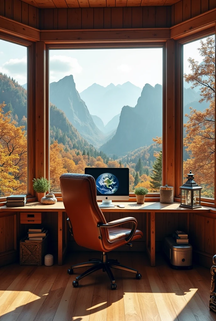 Cozy home office with a stunning view, featuring a large panoramic ...