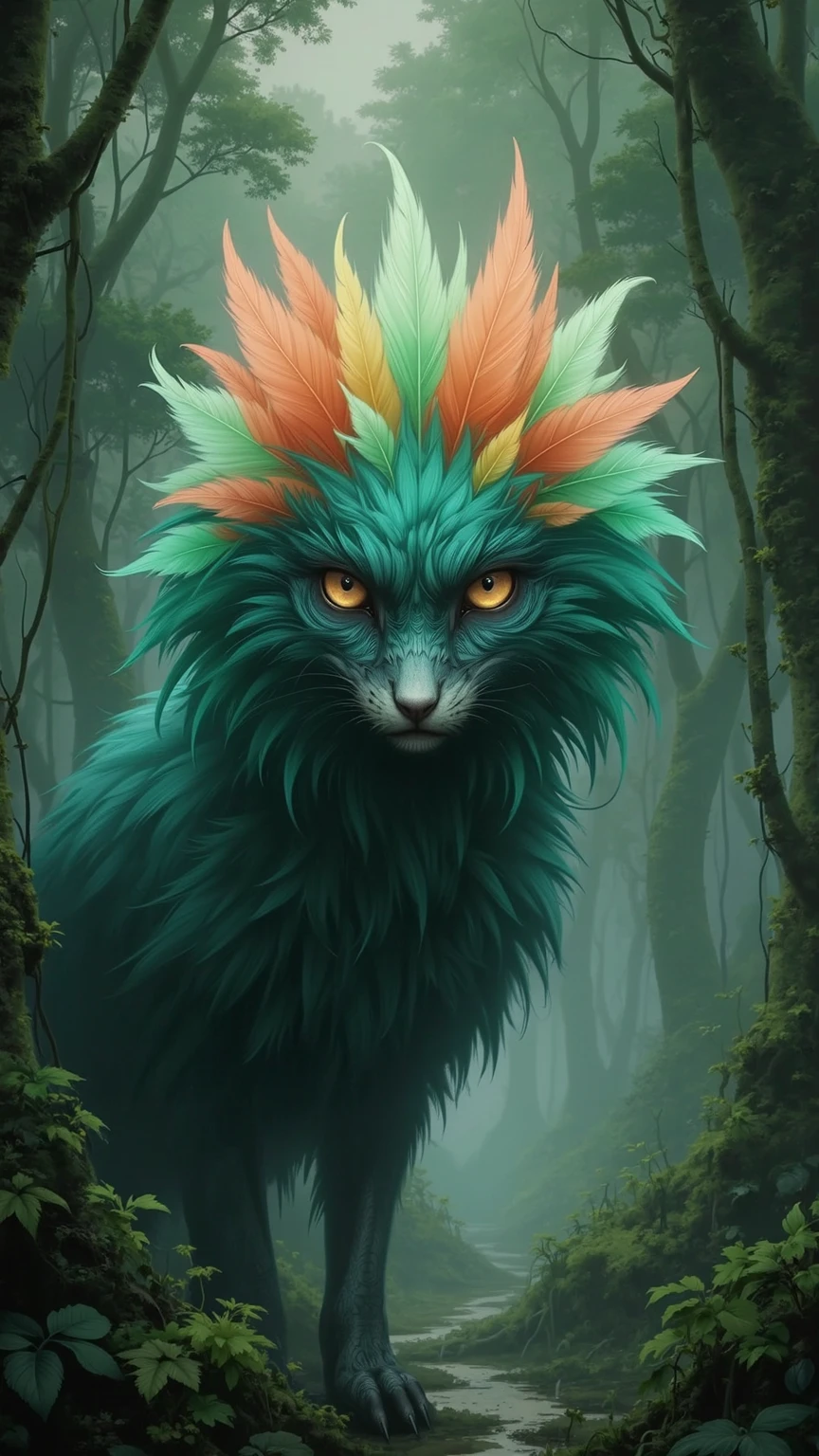 A charming illustration，depicts a mysterious creature with colorful ...