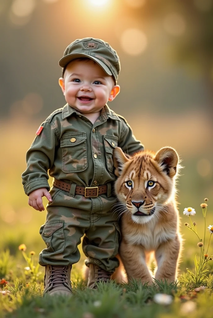 A hyper-realistic photo of a baby boy dressed in a miniature army ...