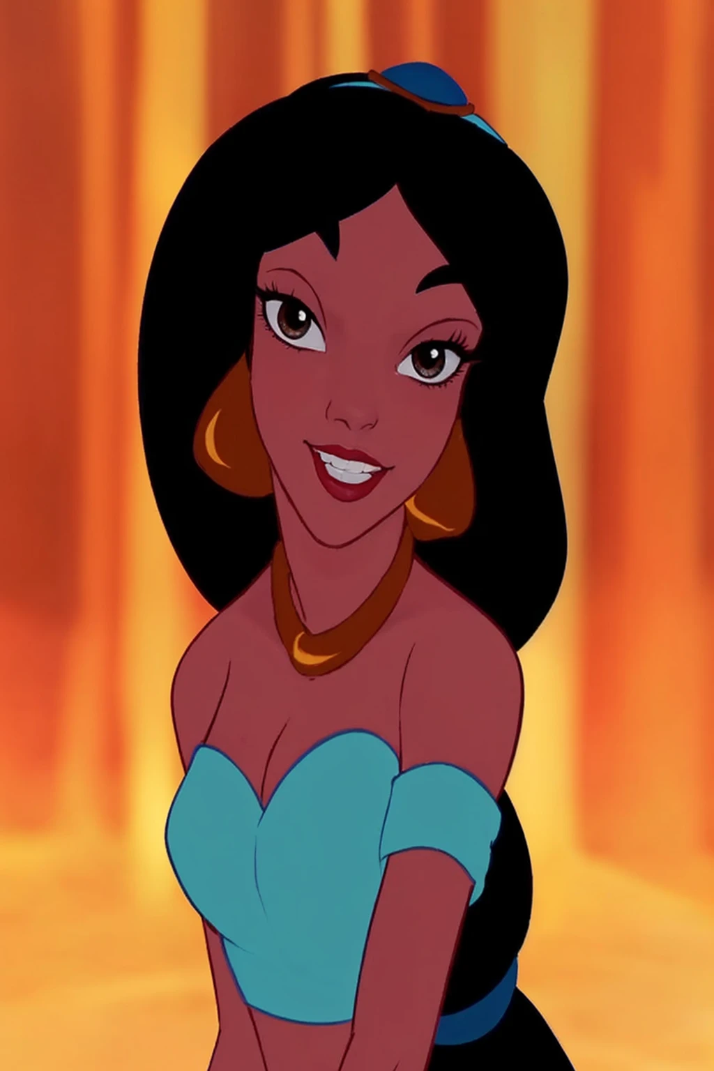 A close up of a realistic character in a blue dress, princess jasmine ...
