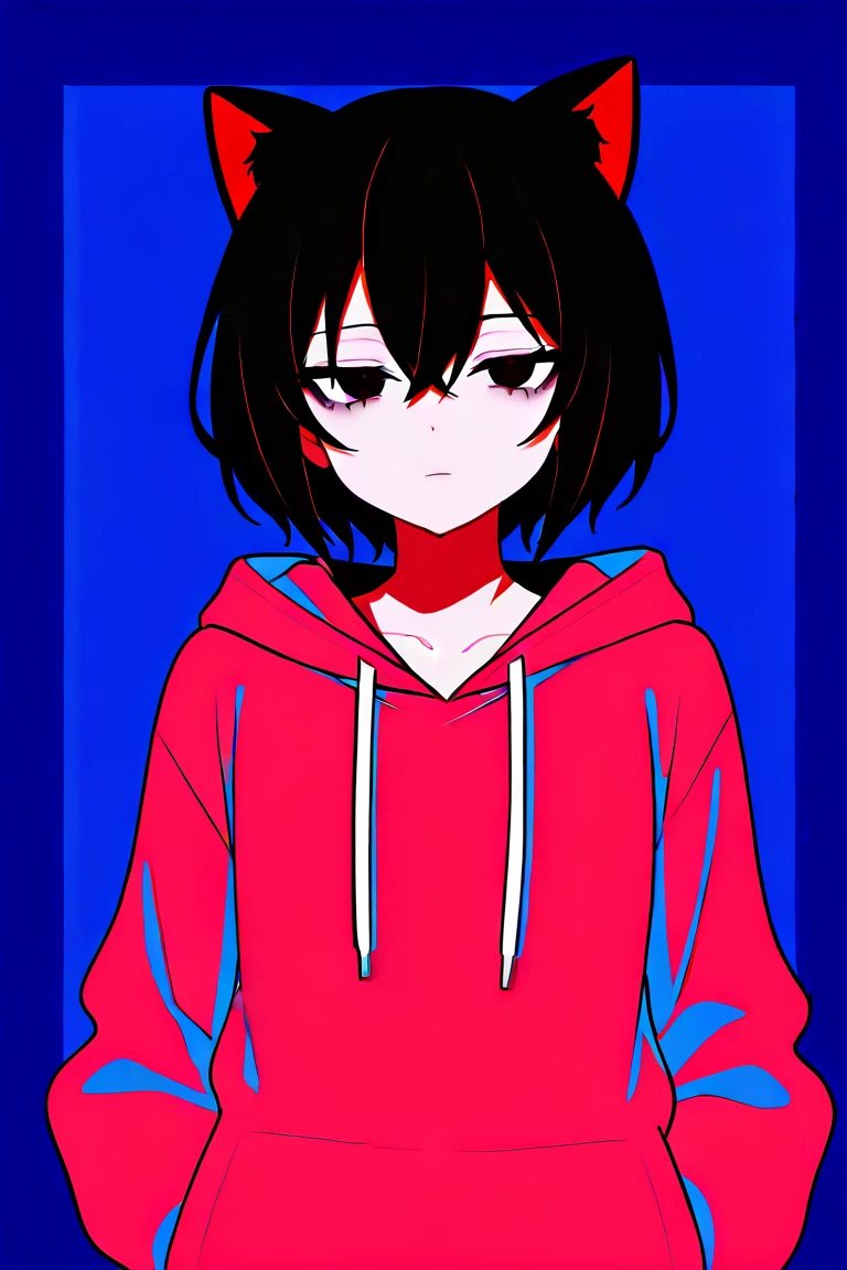 A small, gloomy anime girl with pale skin, black hair, and cat ears ...