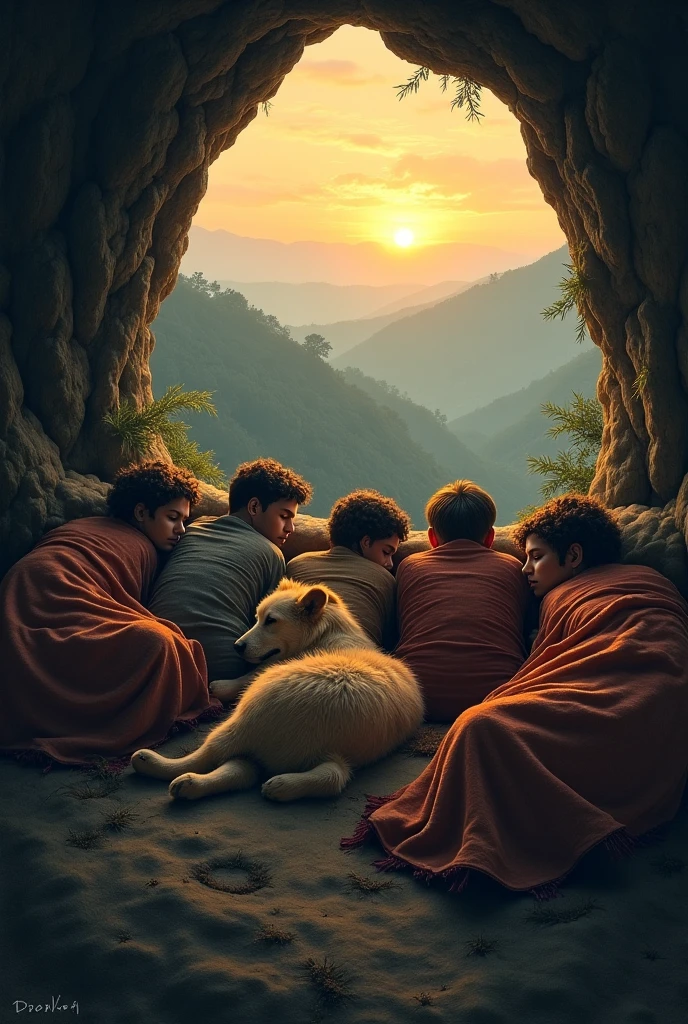 I want five people in old clothes sleeping in a cave with a dog dressed ...