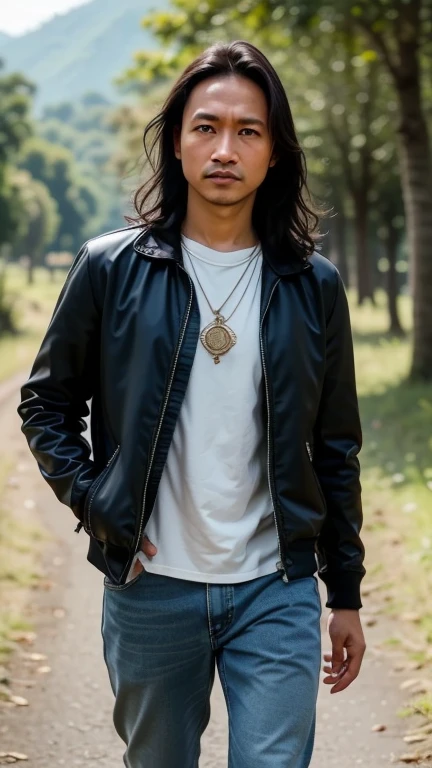 Full-body look of a 35-year-old Indonesian man with messy wavy long ...