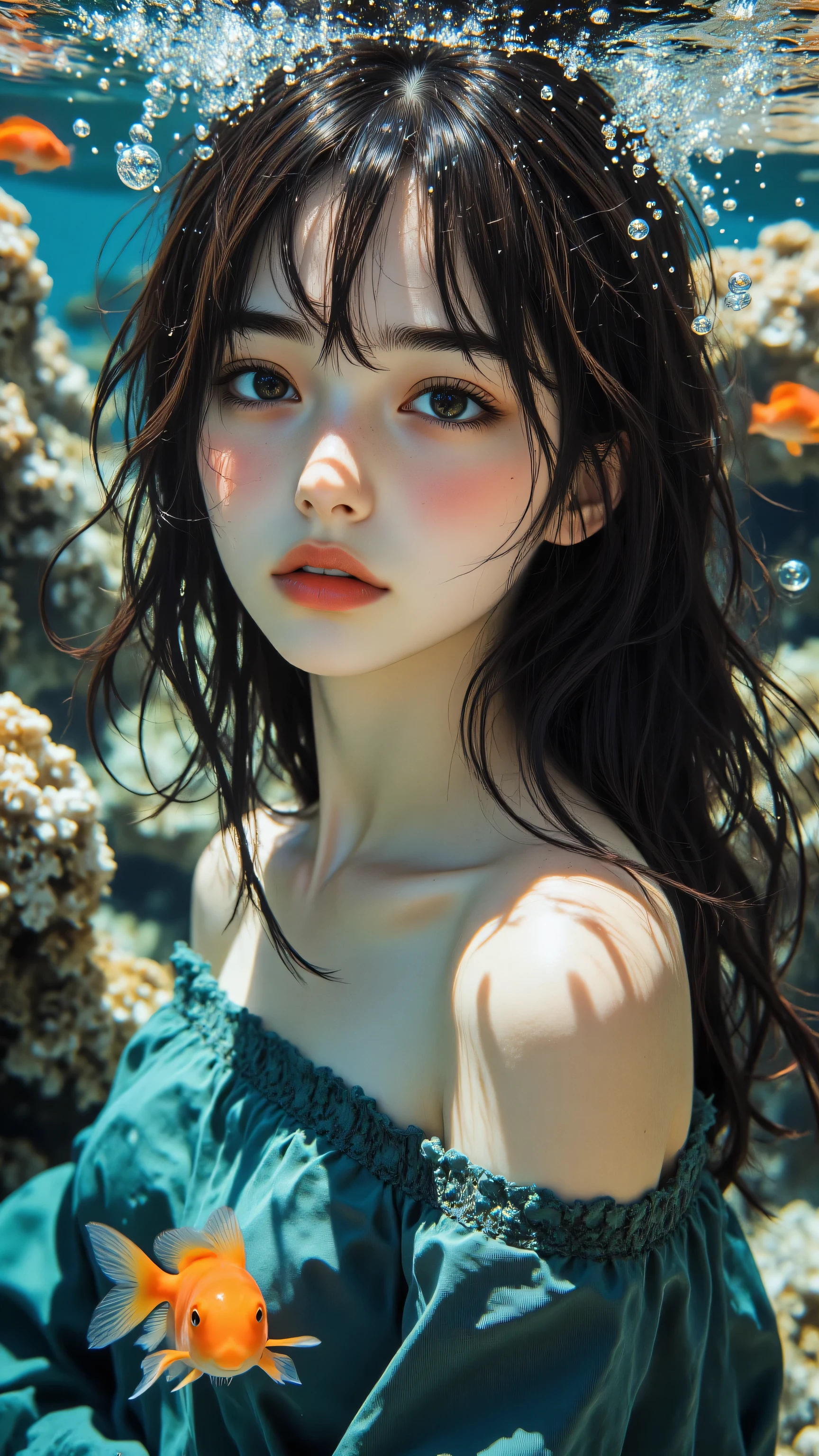 8k, Masterpiece, Top Quality, Close-up, underwater, serene, long dark ...