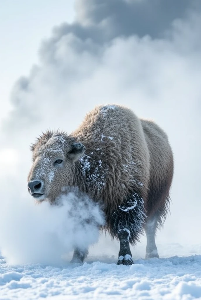 Musk Ox, Snow Squall, and Distant Smoke (Realistic Photo) A massive ...