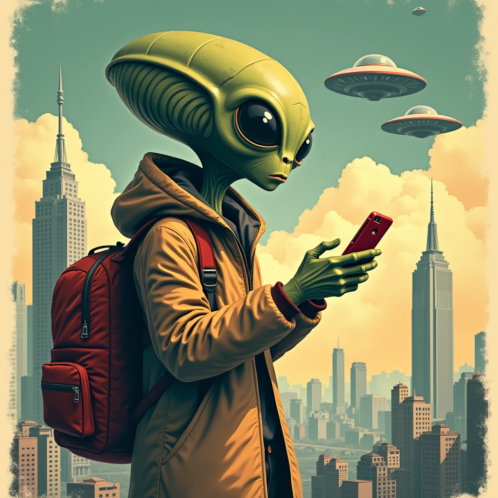 Main object : In the center of the image is,I'm an alien with a big ...