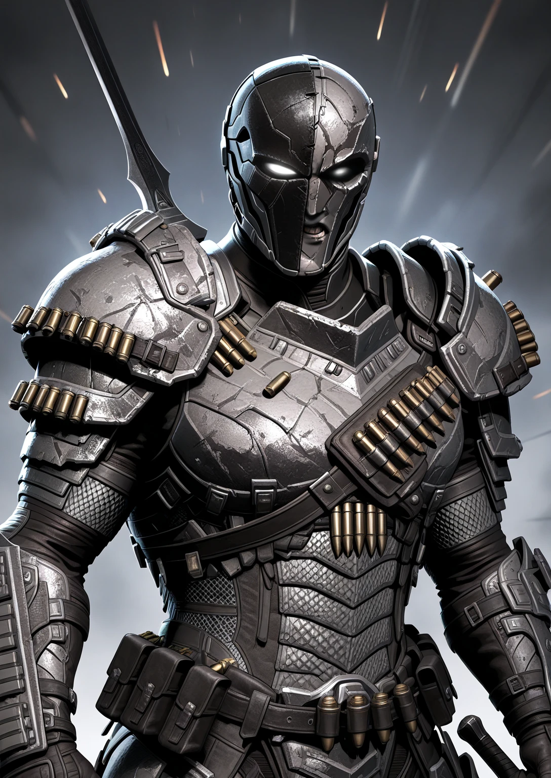 1boy, helmet, deathstroke, armor, elbowglove, pauldron, barbarians ...